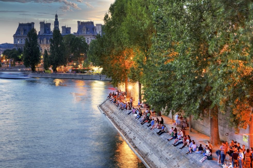 Seine waterfront dusk Architecture people water trees summer ...